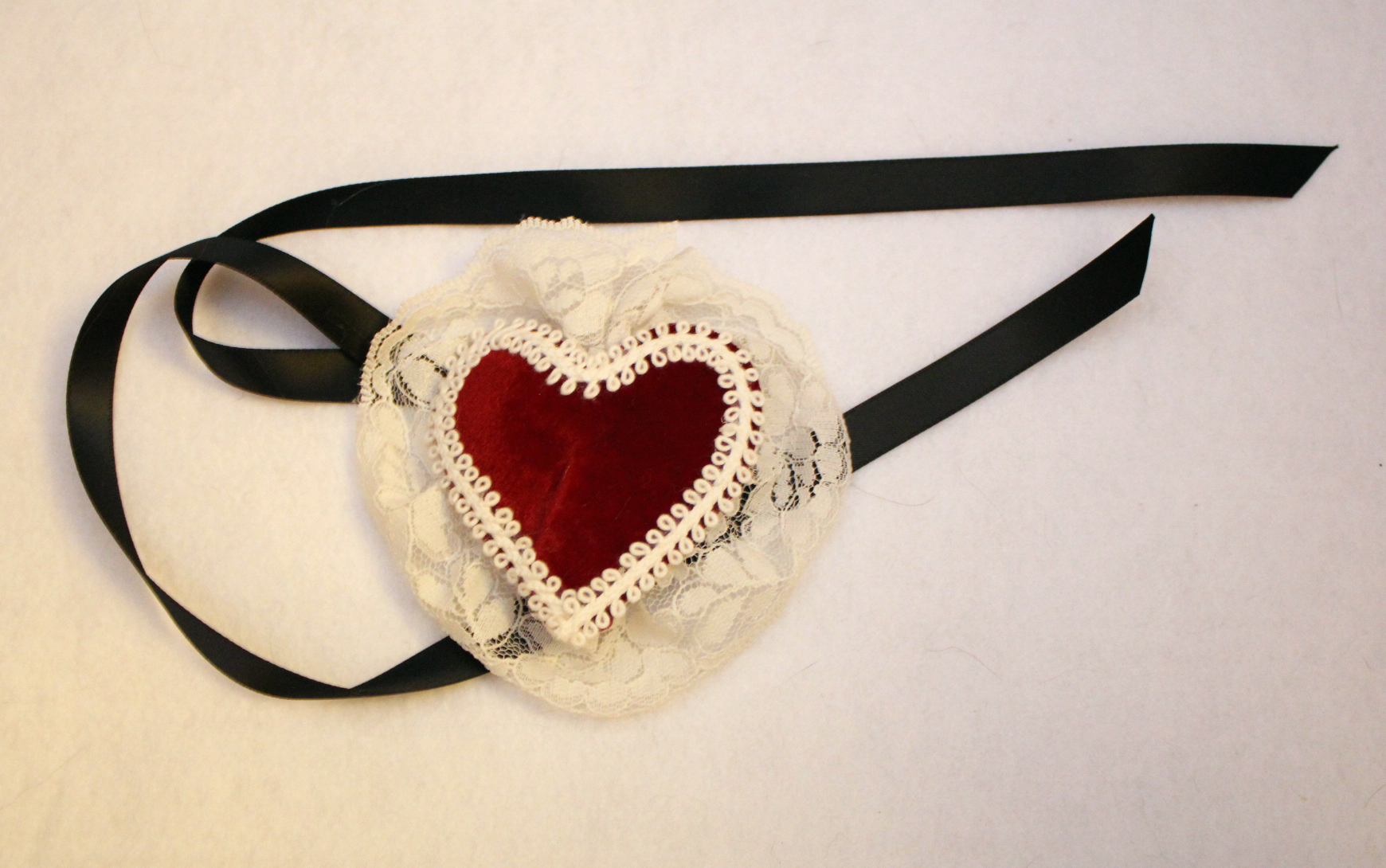 Red Velvet Heart Shaped Eye Patch Off White Lace White Trim With Black ...